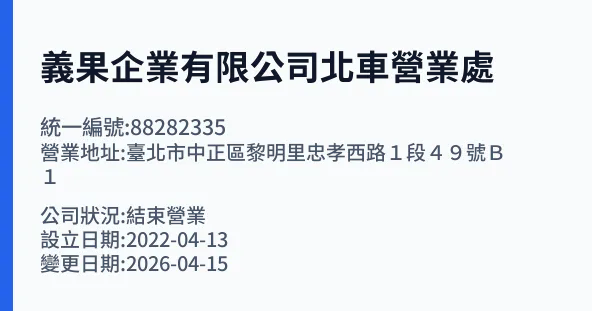 義果企業有限公司北車營業處的照片-統編 88282335(臺北市) 公司登記資料與營業項目詳細圖表