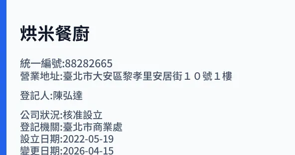 烘米餐廚的照片-統編 88282665(臺北市) 公司登記資料與營業項目詳細圖表