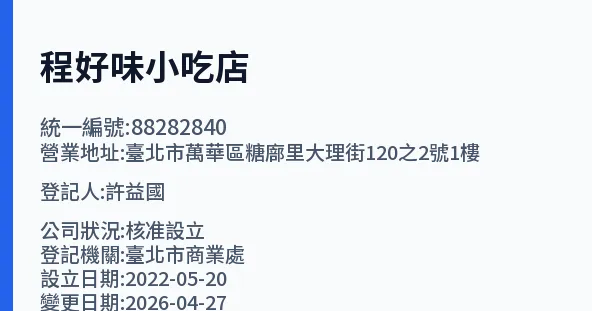 程好味小吃店的照片-統編 88282840(臺北市) 公司登記資料與營業項目詳細圖表