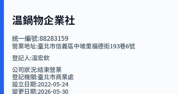 温鍋物企業社的照片-統編 88283159(臺北市) 公司登記資料與營業項目詳細圖表