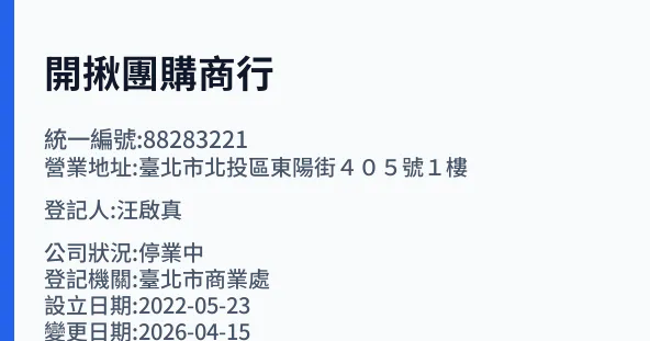 開揪團購商行的照片-統編 88283221(臺北市) 公司登記資料與營業項目詳細圖表