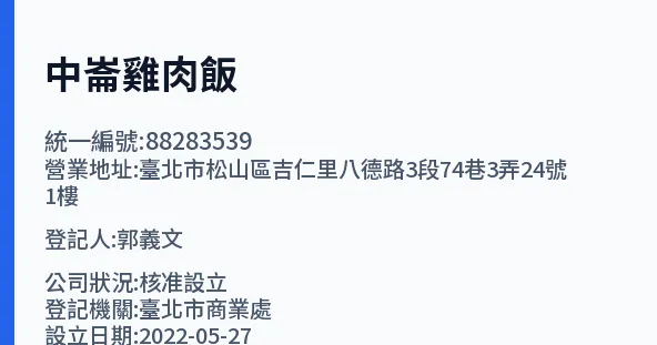 中崙雞肉飯的照片-統編 88283539(臺北市) 公司登記資料與營業項目詳細圖表