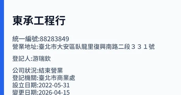 東承工程行的照片-統編 88283849(臺北市) 公司登記資料與營業項目詳細圖表