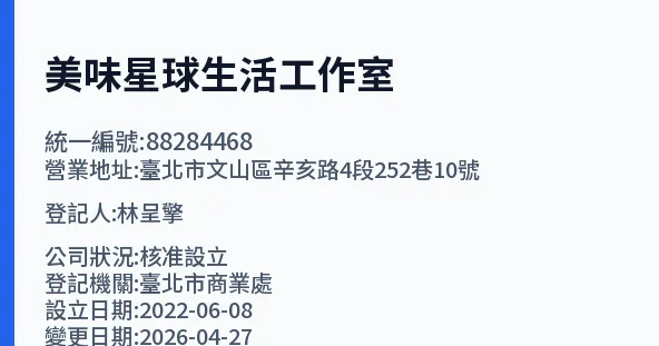 美味星球生活工作室的照片-統編 88284468(臺北市) 公司登記資料與營業項目詳細圖表