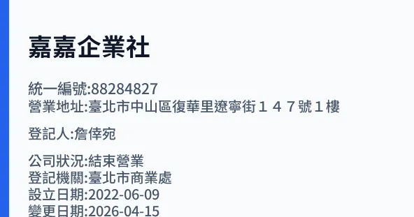 嘉嘉企業社的照片-統編 88284827(臺北市) 公司登記資料與營業項目詳細圖表