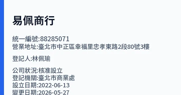 易佩商行的照片-統編 88285071(臺北市) 公司登記資料與營業項目詳細圖表