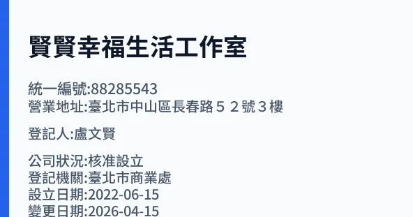 賢賢幸福生活工作室的照片-統編 88285543(臺北市) 公司登記資料與營業項目詳細圖表