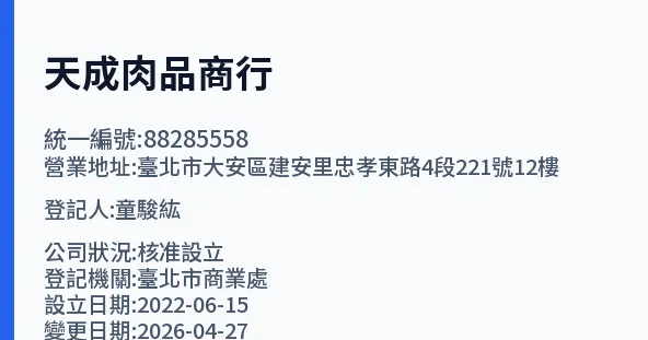 天成肉品商行的照片-統編 88285558(臺北市) 公司登記資料與營業項目詳細圖表