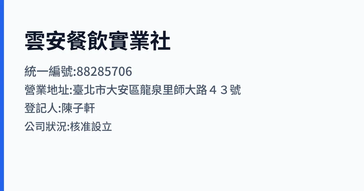 雲安餐飲實業社 - 統編 88285706(臺北市) 公司登記資料與營業項目詳細圖表