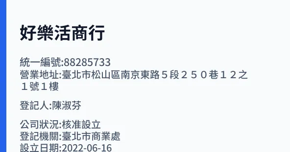 好樂活商行的照片-統編 88285733(臺北市) 公司登記資料與營業項目詳細圖表