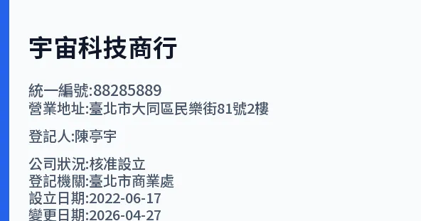 宇宙科技商行的照片-統編 88285889(臺北市) 公司登記資料與營業項目詳細圖表