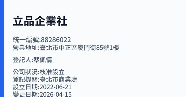 立品企業社的照片-統編 88286022(臺北市) 公司登記資料與營業項目詳細圖表