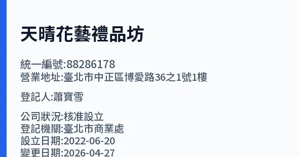 天晴花藝禮品坊的照片-統編 88286178(臺北市) 公司登記資料與營業項目詳細圖表