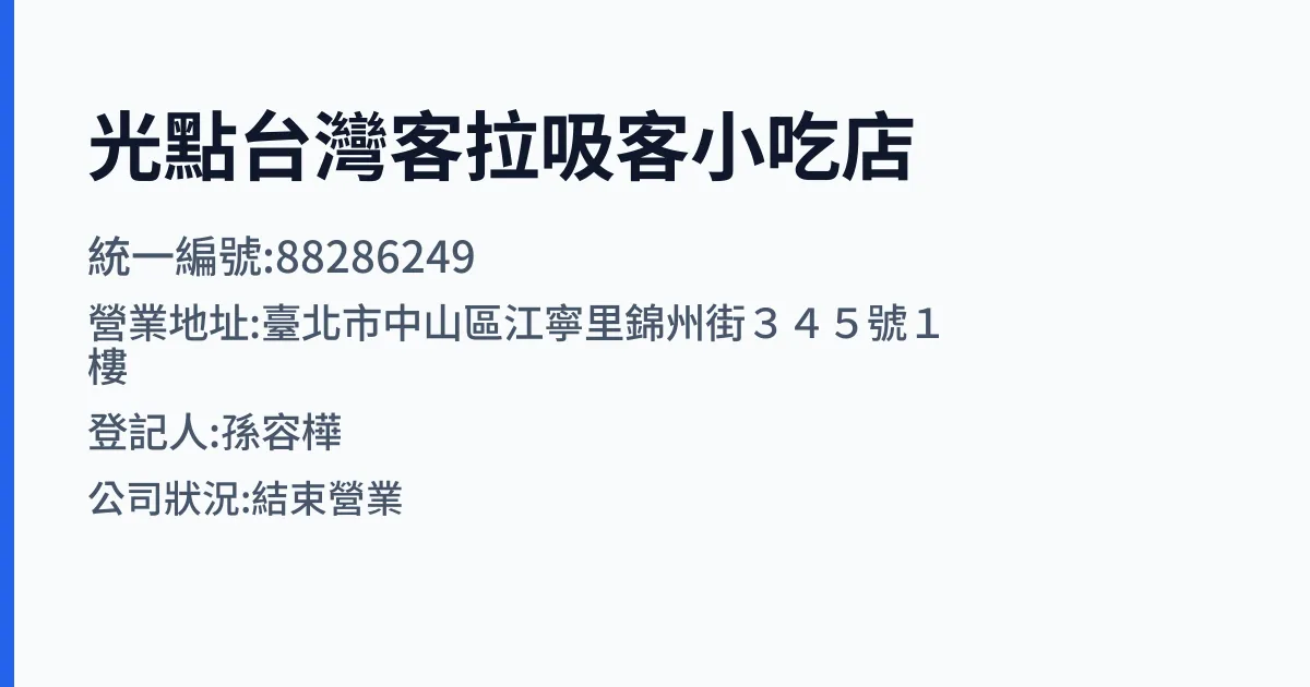 光點台灣客拉吸客小吃店 - 統編 88286249(臺北市) 公司登記資料與營業項目詳細圖表