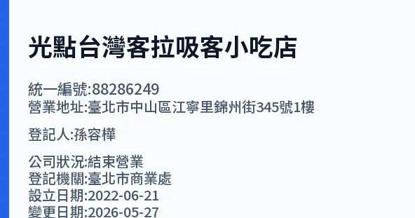 光點台灣客拉吸客小吃店的照片-統編 88286249(臺北市) 公司登記資料與營業項目詳細圖表