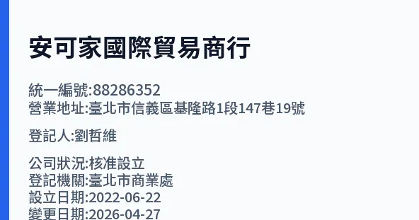 安可家國際貿易商行的照片-統編 88286352(臺北市) 公司登記資料與營業項目詳細圖表