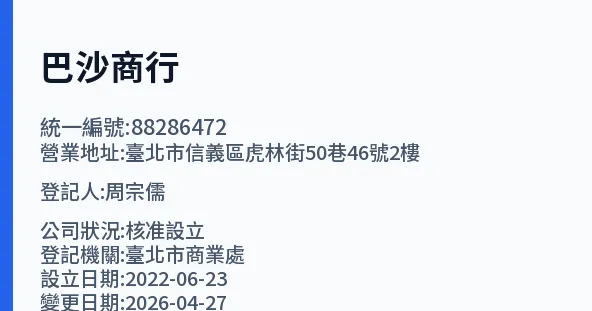 巴沙商行的照片-統編 88286472(臺北市) 公司登記資料與營業項目詳細圖表