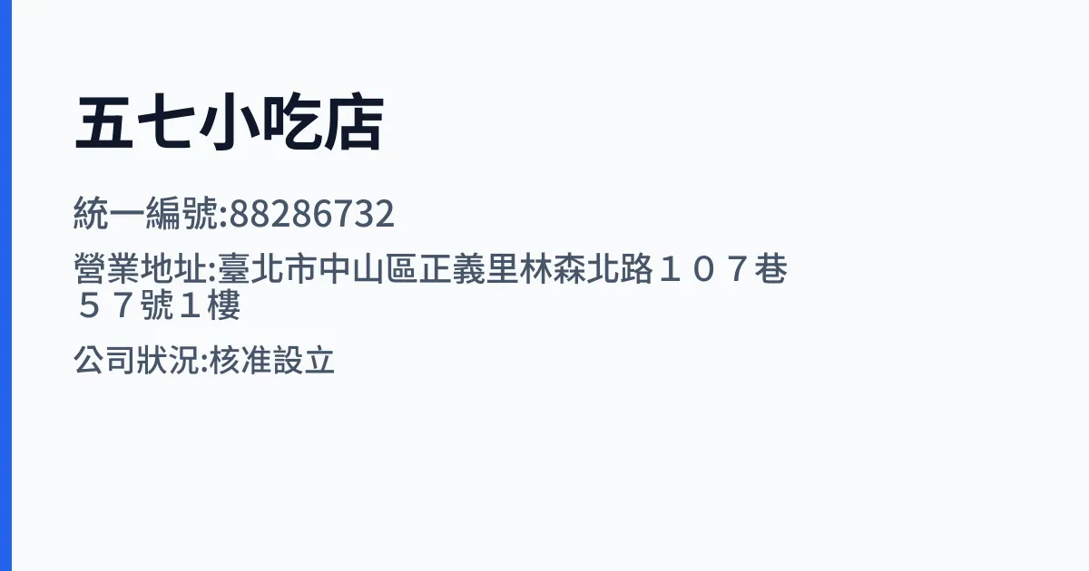 五七小吃店 - 統編 88286732(臺北市) 公司登記資料與營業項目詳細圖表