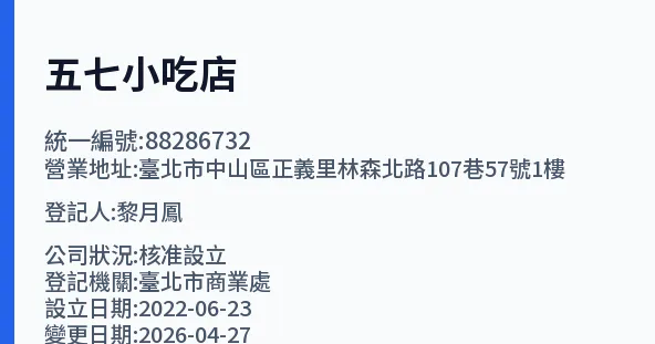 五七小吃店的照片-統編 88286732(臺北市) 公司登記資料與營業項目詳細圖表