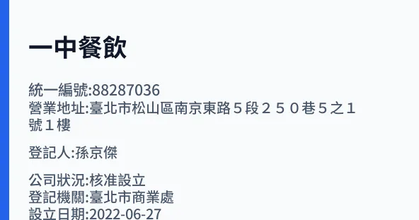 一中餐飲的照片-統編 88287036(臺北市) 公司登記資料與營業項目詳細圖表