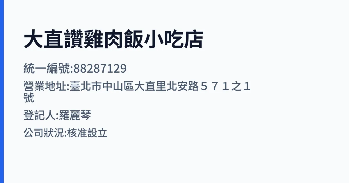 大直讚雞肉飯小吃店 - 統編 88287129(臺北市) 公司登記資料與營業項目詳細圖表