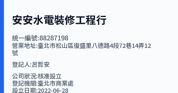 安安水電裝修工程行的照片-統編 88287198(臺北市) 公司登記資料與營業項目詳細圖表
