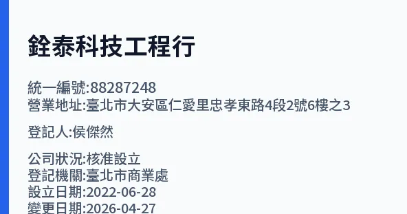 銓泰科技工程行的照片-統編 88287248(臺北市) 公司登記資料與營業項目詳細圖表