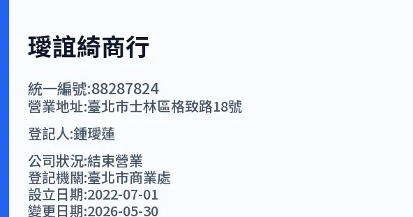 璦誼綺商行的照片-統編 88287824(臺北市) 公司登記資料與營業項目詳細圖表