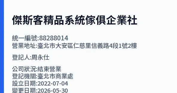 傑斯客精品系統傢俱企業社的照片-統編 88288014(臺北市) 公司登記資料與營業項目詳細圖表