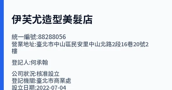 伊芙尤造型美髮店的照片-統編 88288056(臺北市) 公司登記資料與營業項目詳細圖表