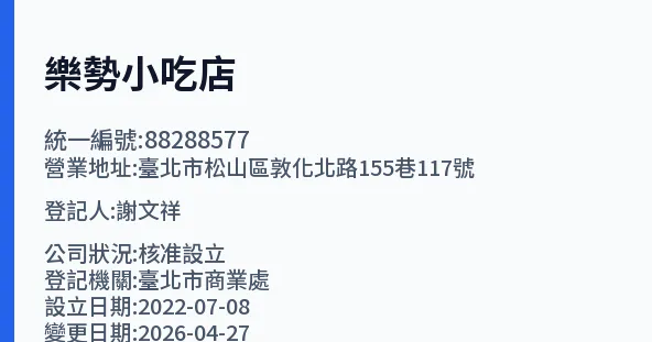 樂勢小吃店的照片-統編 88288577(臺北市) 公司登記資料與營業項目詳細圖表