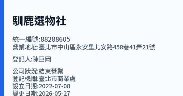 馴鹿選物社的照片-統編 88288605(臺北市) 公司登記資料與營業項目詳細圖表
