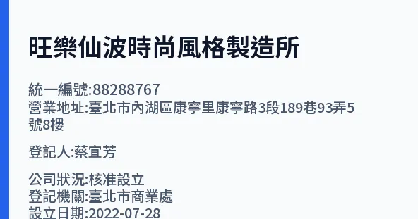 旺樂仙波時尚風格製造所的照片-統編 88288767(臺北市) 公司登記資料與營業項目詳細圖表