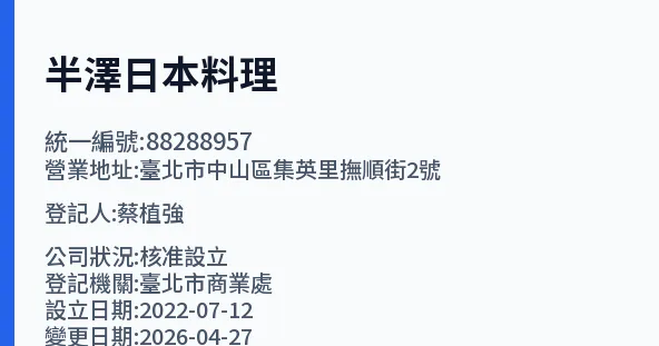 半澤日本料理的照片-統編 88288957(臺北市) 公司登記資料與營業項目詳細圖表