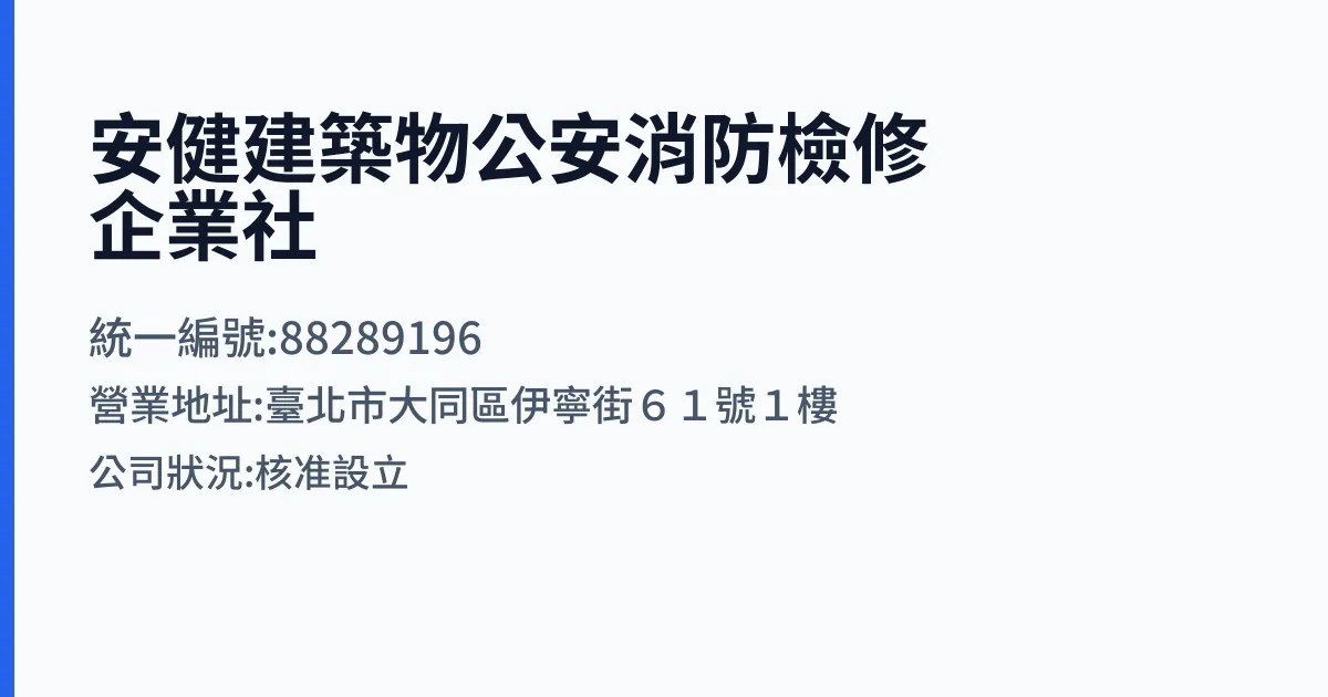 安健建築物公安消防檢修企業社 - 統編 88289196(臺北市) 公司登記資料與營業項目詳細圖表