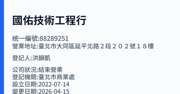 國佑技術工程行的照片-統編 88289251(臺北市) 公司登記資料與營業項目詳細圖表