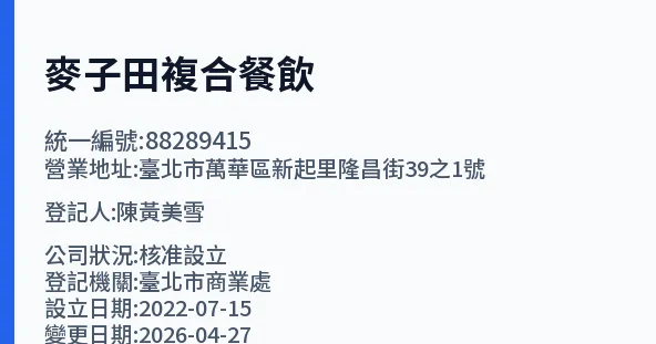 麥子田複合餐飲的照片-統編 88289415(臺北市) 公司登記資料與營業項目詳細圖表