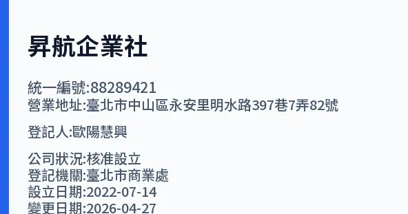 昇航企業社的照片-統編 88289421(臺北市) 公司登記資料與營業項目詳細圖表