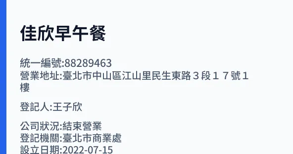 佳欣早午餐的照片-統編 88289463(臺北市) 公司登記資料與營業項目詳細圖表