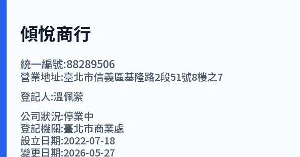 傾悅商行的照片-統編 88289506(臺北市) 公司登記資料與營業項目詳細圖表