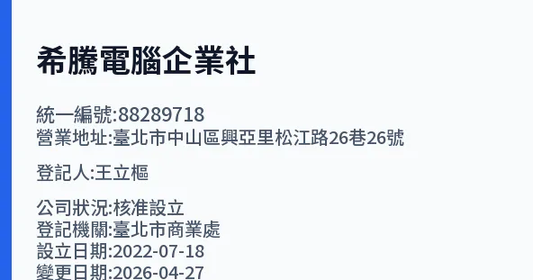 希騰電腦企業社的照片-統編 88289718(臺北市) 公司登記資料與營業項目詳細圖表