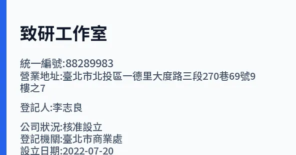 致研工作室的照片-統編 88289983(臺北市) 公司登記資料與營業項目詳細圖表
