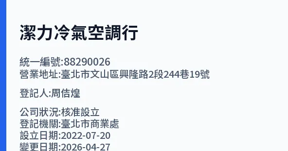 潔力冷氣空調行的照片-統編 88290026(臺北市) 公司登記資料與營業項目詳細圖表