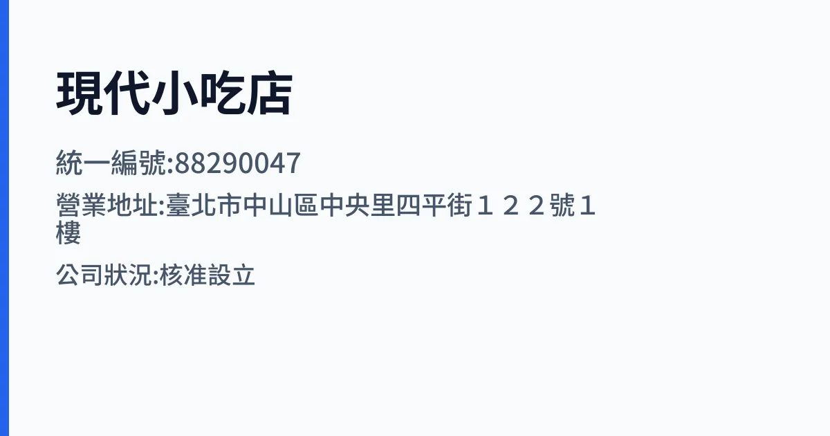 現代小吃店 - 統編 88290047(臺北市) 公司登記資料與營業項目詳細圖表