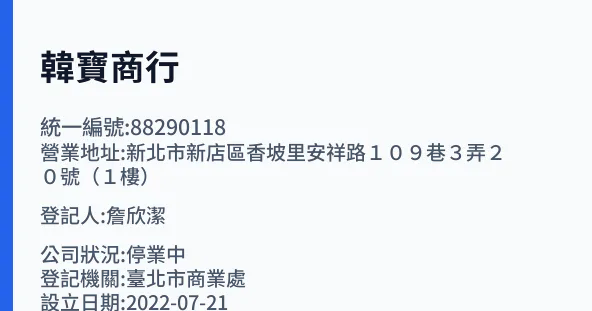 韓寶商行的照片-統編 88290118(新北市) 公司登記資料與營業項目詳細圖表