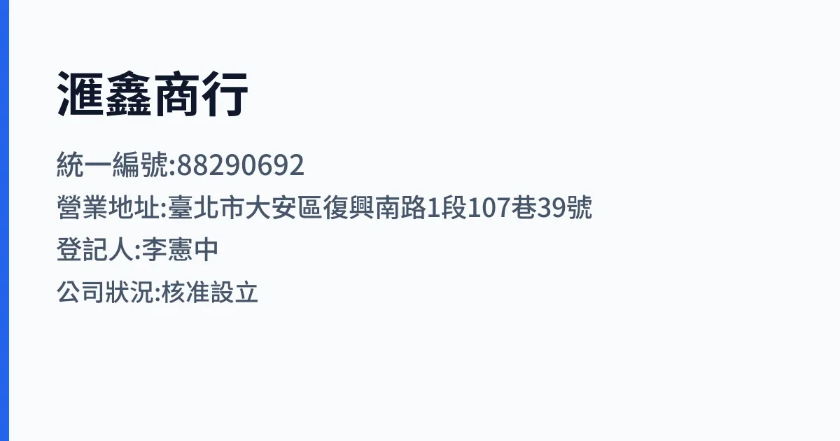 滙鑫商行 - 統編 88290692(臺北市) 公司登記資料與營業項目詳細圖表
