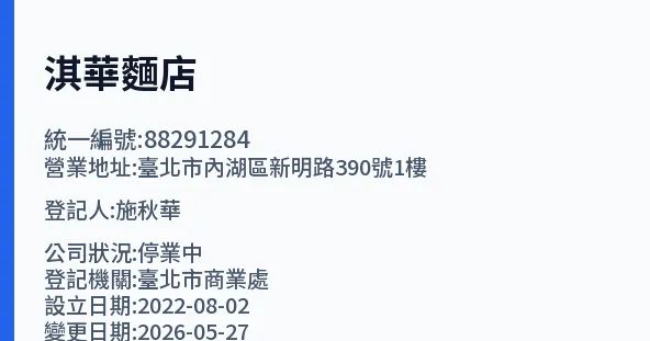 淇華麵店的照片-統編 88291284(臺北市) 公司登記資料與營業項目詳細圖表