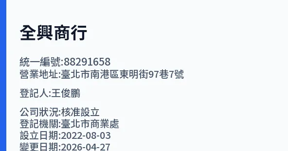 全興商行的照片-統編 88291658(臺北市) 公司登記資料與營業項目詳細圖表