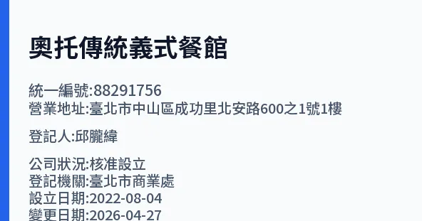 奧托傳統義式餐館的照片-統編 88291756(臺北市) 公司登記資料與營業項目詳細圖表
