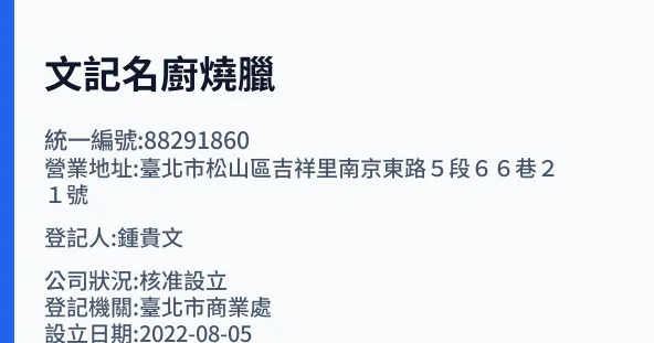 文記名廚燒臘的照片-統編 88291860(臺北市) 公司登記資料與營業項目詳細圖表